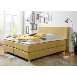 Boxspringbett Home Affaire "Parla", gelb (curry), L:218cm, 100% Polyester, Komplettbetten, Boxspringbett, incl. Topper, 4 Farben in 4 Breiten, 2 H&auml;rtegraden, 3 Matratzenarten