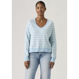 Levi's V-Ausschnitt-Pullover LEVI'S "SUPER SOFT VNECK PULLOVER", Damen, Gr. L (40), parisienne stripe glacier lake, Strick, Obermaterial: 53% Baumwolle, 32% Polyester, 13% Polyamid, 2% Elasthan, gestreift, bequem h&uuml;ftlang, V-Ausschnitt, Raglan&auml;rmel B&uuml;ndchen, Pullover V-Ausschnitt-Pullover, im Bund beidseitig mit kurzem Schlitz
