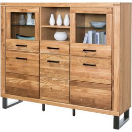 Highboard Home Affaire, braun, B:158,5cm H:140cm T:40cm, FSC-zertifiziertes teilmassives Holz, Sideboards, Highboard, Industriestil, Teilmassiv Eiche, schwarze Elemente, Modern
