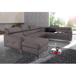 Wohnlandschaft COTTA "Sammy U-Form", grau, B:304cm H:74cm T:240cm, NaturLEDER, die R&uuml;ckseite ist mit schwarzem und die Liegefl&auml;che der Bettfunktion ist mit beigem Spannstoff bezogen, Sofas, Wohnlandschaft, mit Kopfteilverstellung, wahlweise mit Bettfunktion & Bettkasten