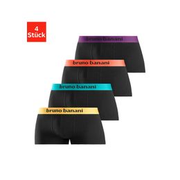 Hipster Bruno Banani, Herren, Gr. L, 4 Stk., bunt (schwarz, orange, schwarz, t&uuml;rkis, schwarz, gelb, schwarz, lila), Jersey, Obermaterial: 95% Baumwolle, 5% Elasthan, unifarben, k&ouml;rpernah, Unterhosen Hipster, knapp sitzende Boxershorts mit Logo Webbund aus Baumwollmischung, Topseller