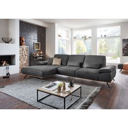 Ecksofa DIE PLANBAR "PN-EM18063 L-Form", grau (graphit), B:322cm H:89cm T:187cm, Sichtrahmen: Aus Spannplatte mit augesetzten Weildeiche funiert, Sofas, Ecksofa, wahlweise mit echt bezogenem R&uuml;cken und Sitztiefenverstellung