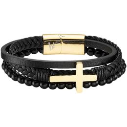Lederarmband Bruno Banani "Schmuck", schwarz (gelbgoldfarben, schwarz, schwarz), Armb&auml;nder, Herren, 21cm, Edelstahl Leder, Edelstahl, Leder, Lederarmband, mit Achat