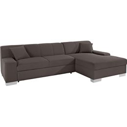 Ecksofa DOMO collection "Bero, elegant und zeitlos, flache Armlehnen, Breite 268cm L-Form", grau (stone), B:268cm H:74cm T:153cm, Feinstruktur (100% Polyester);Luxus-Microfaser (100% Polyester);Zierkissen: Im jeweiligen Bezugsstoff;Struktur fein (100% Polyester), Sofas, Ecksofa, fester Sitzkomfort, wahlweise mit Bettfunktion