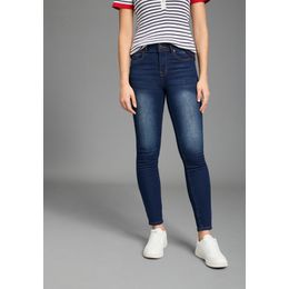 Slim-fit-Jeans Kangaroos "CROPPED HIGH WAIST SLIM FIT", Damen, Gr. 38, N-Gr, blau (dunkelblau us), Denim/Jeans, Obermaterial: 80% Baumwolle, 18% Polyester, 2% Elasthan, Abriebeffekte, Basic, extraeng kn&ouml;chellang, Jeans Slim-fit-Jeans, schmale Passform, R&ouml;hrenjeans, trendige Used-Waschung