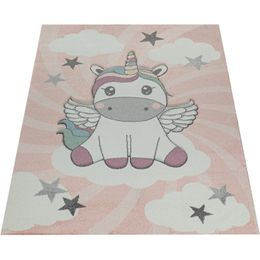 Kinderteppich Paco Home "Cosmo 395", pink, B:133cm H:12mm L:133cm, Polypropylen, Teppiche, Kinderteppich, 3D-Design, niedliches Einhorn Motiv, Pastell-Farben, Kinderzimmer