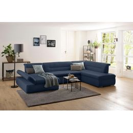 Wohnlandschaft Home Affaire "Avesa U-Form", blau (dunkelblau), B:355cm H:80cm T:216cm, 100% Polyester, Sofas, Wohnlandschaft, Wahlweise mit Armteilverstellung und Bettfunktion, B/T/H: 355/216/80cm