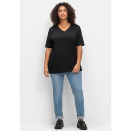 Kurzarmshirt sheego "T-Shirt", Damen, Gr. 48/50, schwarz, 50% Baumwolle, 50% Modal, unifarben, V-Ausschnitt, Shirts Kurzarmshirt
