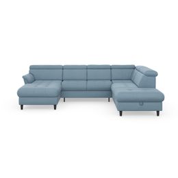 Sit & More Wohnlandschaft SIT & MORE "Marano U-Form", blau (hellblau), B:304cm T:216cm, 98% Polyester, 2% Polyamid, Sofas, Wohnlandschaft, inklusive Kopfteilverstellung, wahlweise mit Bettfunktion, Bettkasten