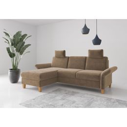 Ecksofa Home Affaire "Rochelle, L-Form", braun (hellbraun), B:251cm H:90cm T:164cm, 100% Polyester, Sofas, Ecksofa, wahlweise mit Armteilverstellung, Bettfunktion und Bettkasten