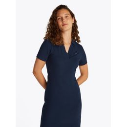 Polokleid Tommy Hilfiger "SLIM OPEN NK POLO DRESS SS", Damen, Gr. XS (34), N-Gr, blau (schwarz night navy), Jersey, Obermaterial: 95% Baumwolle, 5% Elasthan, unifarben, figurbetont, V-Ausschnitt, Kleider Polokleid, mit gestickter Tommy Hilfiger Flagge