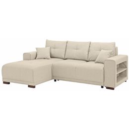 Ecksofa Home Affaire "Viborg L-Form", beige, B:234cm H:91cm T:162cm, Struktur (100% Polyester);Struktur fein ( 100% Polyester);Filzoptik (100% Polyester), Sofas, Ecksofa, mit Regal in der Armlehne, wahlweise mit Bettfunktion