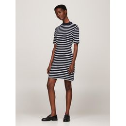 Shirtkleid Tommy Hilfiger "SLIM CODY MOCK-NK DRESS", Damen, Gr. XS (34), N-Gr, blau (breton desert sky, ecru), Jersey, Obermaterial: 100% Baumwolle, gestreift, slim fit, Kleider Shirtkleid, mit Mock-neck
