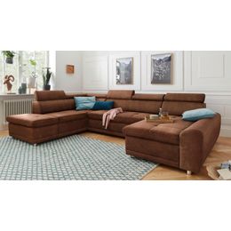 Sit & More Wohnlandschaft SIT & MORE "Riva U-Form", braun (cognac), B:337cm H:92cm T:95cm, Struktur (100% Polyester);Flachgewebe (100% Polyester);Luxus-Microfaser (100% Polyester), Sofas, Wohnlandschaft, wahlweise mit Bettfunktion