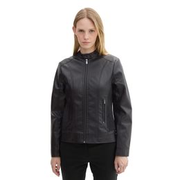 Bikerjacke Tom Tailor, Damen, Gr. XL (42), schwarz (deep schwarz), Web, Obermaterial: 100% Viskose. Futter: 100% Polyester, unifarben, regular fit taillenlang, Rundhals, Jacken Bikerjacke, Kunstleder mit Rei&szlig;verschluss