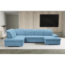 Wohnlandschaft WERK2 "Kordula-New Multifunktion Couch, Breite 332cm, bequem, U-Form", blau (hellblau), B:332cm H:105cm T:217cm, 95% Polyester, 5% Nylon, Sofas, Wohnlandschaft, Sofa in U-Form mit Schlaffunktion & Bettkasten, Schlafcouch