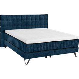 Boxspringbett "Baldwin", blau, B:202cm L:212cm, 100% Polyester, SET ONE BY Musterring, Komplettbetten, Boxspringbett, mit Duo-Matratze, Kopfteil mit quadratischer Steppung, 180 x 200 cm
