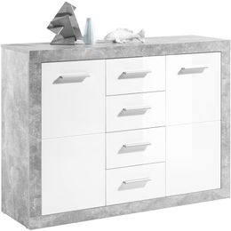 HBZ-MEBLE Kommode HBZ "Stone 2 wei&szlig; Glanz, BxHxT 117x88x37 cm", wei&szlig; (wei&szlig;, beton), B:117cm H:88cm T:37cm, Holzwerkstoff, Sideboards, Kommode, Kommode mit 2 T&uuml;ren, 4 Schubk&auml;sten, 2 Einlegeb&ouml;den