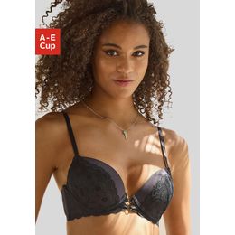 Push-up-BH Lascana, Damen, Gr. 70, Cup D, schwarz, Microtouch, Obermaterial: 60% Polyamid, 35% Polyester, 5% Elasthan, BHs Push-up-BH, mit sexy B&auml;nderoptik vorn, Dessous