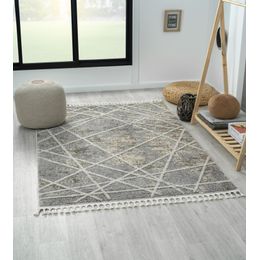 Teppich "Nelia, LAGERR&Auml;UMUNG", beige, B:160cm H:15mm L:230cm, Polyester, MyFlair M&Ouml;BEL & ACCESSOIRES, Teppiche, Teppich, Kurzflor, mit Hoch-Tief Effekt, Microfaser, mit Fransen