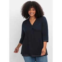 3/4-Arm-Shirt sheego "3/4-Arm-Shirt", Damen, Gr. 44/46, blau (tiefblau), 63% Lyocell TENCEL&trade;, 31% Bambus, 6% Elasthan, unifarben, V-Ausschnitt, Shirts 3/4-Arm-Shirt