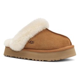 UGG Australia Pantoffel UGG "DISQUETTE", Damen, Gr. 9 (40), braun (chestnut), Lammfell, Veloursleder, Schuhe Pantoffel, Homeslippers, Hausschuh, Clog mit angesagtem Plateau