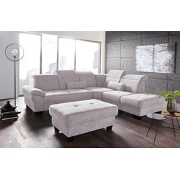 Ecksofa Home Affaire "Cornwall L-Form", silber, B:283cm H:84cm T:253cm, Struktur fein (100% Polyester);Luxus-Microfaser weich (90% Polyester, 10% Polyamid), Sofas, Ecksofa, incl. Sitztiefenverstellung, mit Bettfunktion und Kopfteilverstellung