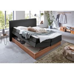 Boxspringbett Home Affaire "Blomen", grau (anthrazit), B:182cm L:224cm, Komplettbetten, Boxspringbett, mit Walnuss-Dekor, mit Bettkasten, verschiedene H&auml;rtegrade, mit Topper
