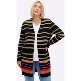 Longstrickjacke sheego, Damen, Gr. 52/54, schwarz, beige, gestreift, 50% Baumwolle, 50% Polyacryl, gemustert, gestreift, mehrfarbig, Strickjacken Longstrickjacke