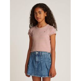 T-Shirt Tommy Hilfiger, M&auml;dchen, Gr. 7 (122), pink (classic beige, pink sugar), Rippware, Obermaterial: 95% Baumwolle, 5% Elasthan, gestreift, normal, Rundhals, Rollkante, Shirts T-Shirt, mit Streifenmuster