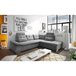 Ecksofa ED EXCITING DESIGN "Nalo L-Form", grau (dunkelgrau), B:260cm H:103cm T:219cm, 95% Polyester, 5% Nylon, Sofas, Ecksofa, mit Bettfunktion, Armteilverstellung, Kopfst&uuml;tzen & 2 Nierenkissen