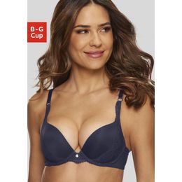 Push-up-BH s.Oliver "Pauline", Damen, Gr. 70, Cup C, blau (dunkelblau), Microtouch, Obermaterial: 69% Polyamid, 17% Elasthan, 14% Polyester, BHs Push-up-BH, mit feiner Spitze seitlich am Cup und modischem Accessoire, Dessous