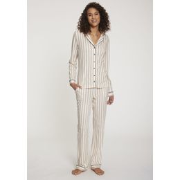 Pyjama Vivance Dreams, Damen, Gr. 44/46, beige (ecru gestreift), Single Jersey, Obermaterial: 50% Baumwolle, 50% Viskose, gestreift, Basic, bequem lang, V-Ausschnitt, eingesetzt Manschette, Homewear-Sets Pyjama, mit kreativen Mustern