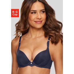 Push-up-BH s.Oliver "Pauline", Damen, Gr. 75, Cup C, blau (dunkelblau), Microtouch, Obermaterial: 69% Polyamid, 17% Elasthan, 14% Polyester, BHs Push-up-BH, mit feiner Spitze seitlich am Cup und modischem Accessoire, Dessous