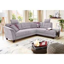 Ecksofa Home Affaire "Trondheim L-Form", silber, B:260cm H:89cm T:214cm, Struktur fein (100% Polyester);Flachgewebe (100% Polyester);Luxus-Microfaser (90% Polyester, 10% Polyamid), Sofas, Ecksofa, mit Federkern und Knopfheftung im R&uuml;cken, F&uuml;&szlig;e Buche dunkel