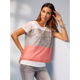 T-Shirt Heine "Druck-Shirt", Damen, Gr. 36, beige (ecru, sesam, bedruckt), 95% Viskose, 5% Elasthan, Netzware:5% Elasthan, 95% Polyester, gemustert, mehrfarbig, Rundhals, Shirts T-Shirt