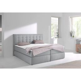 Boxspringbett Home Affaire "Sagres", grau, B:195cm L:210cm, Feinstruktur(100% Polyester);Bezug der Spiegelfl&auml;che Matratzendrell aus 100% Polyester, Komplettbetten, Boxspringbett, Kopfteil mit 2farbiger Flatterbiese und zweifarbigen Kn&ouml;pfen