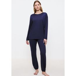 Schlafanzug Triumph "Endless Comfort PK 01 LSL", Damen, Gr. 44, blau (blau, schwarz combination), Single Jersey, Obermaterial: 50% Baumwolle, 50% Modal, bequem lang, Rundhals, Homewear-Sets Schlafanzug, weich und gem&uuml;tlich