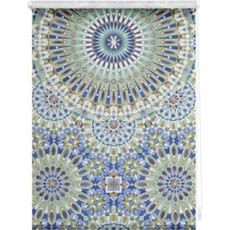 Seitenzugrollo LICHTBLICK ORIGINAL "Rollo Klemmfix, ohne Bohren, Verdunkelung, Orientalische Muster", blau (blau, gr&uuml;n, wei&szlig;), B:120cm H:150cm, Polyester, Rollos, Seitenzugrollo