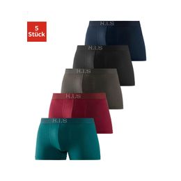 H.I.S. Boxer H.I.S "Boxershorts f&uuml;r Herren", Herren, Gr. M, 5 Stk., bunt (petrol, bordeaux, schwarz, olivgr&uuml;n, navy), Jersey, Obermaterial: 95% Baumwolle, 5% Elasthan, unifarben, Unterhosen Boxer, Logo Webbund mit 3D Effekt, Topseller