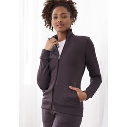 Sweatjacke BENCH. LOUNGEWEAR, Damen, Gr. 36/38, grau (stone), Interlock, Obermaterial: 60% Baumwolle, 40% Polyester, bestickt, unifarben, Basic, bequem h&uuml;ftlang, Rippb&uuml;ndchen, Sweatjacken Sweatjacke, mit bestickten Stehkragen, Loungeanzug