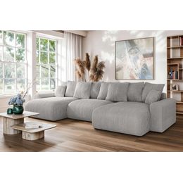 Wohnlandschaft Home Affaire "LAKESIDE mit Bettfunktion und Bettkasten, Ma&szlig;e B/T/H: 332,5/142/84 cm", grau (hellgrau), B:332,5cm H:84cm T:142cm, 100% Polyester, Sofas, Wohnlandschaft, U‑Form mit vielen Kissen und Wellenunterfederung