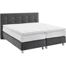 Boxspringbett, grau (anthrazit), B:215cm L:210cm, Bezug: Microvelours 100% Polyester;Polsterung: 100% Polyester, Westfalia Schlafkomfort, Komplettbetten, Boxspringbett, mit Kn&ouml;pfen in Kristalloptik, wahlweise mit Topper