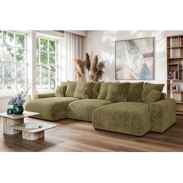 Wohnlandschaft Home Affaire "LAKESIDE mit Bettfunktion und Bettkasten, Ma&szlig;e B/T/H: 332,5/142/84 cm", gr&uuml;n, B:332,5cm H:84cm T:142cm, 100% Polyester, Sofas, Wohnlandschaft, U‑Form mit vielen Kissen und Wellenunterfederung
