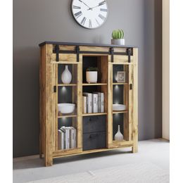 Highboard Home Affaire "York, moderner Hochschrank, Vitrine in Hunton Oak, Industrialdesign", hunton oak dekor, B:133cm H:150cm T:37cm, FSC-zertifizierter Holzwerkstoff, Sideboards, Highboard, mit Scheunentorbeschl&auml;gen & Apothekergriffen aus Metall, 150 cm hoch