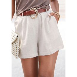 Webshorts Lascana, Damen, Gr. 34, N-Gr, beige (sand), Web, Obermaterial: 85% Viskose, 15% Leinen, unifarben, figurumspielend kurz, Hosen Webshorts, mit Taschen, Leinenhose, Sommerhose mit G&uuml;rtelschlaufen, modisch, Topseller