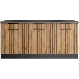 Unterschrank KOCHSTATION "KS-Lagos", grau (listrado eiche, grafitgrau), B:180cm H:86cm T:60cm, Holzwerkstoff, Schr&auml;nke, Unterschrank, Breite 180 cm, 3 T&uuml;ren, 3 Schubk&auml;sten
