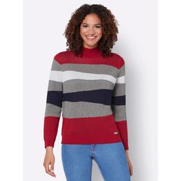 Stehkragenpullover Casual Looks "Pullover", Damen, Gr. 46, rot (grau, rot, gemustert), 64% Baumwolle, 36% Polyacryl, gemustert, gestreift, mehrfarbig, Pullover Stehkragenpullover