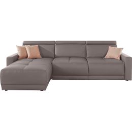 Ecksofa DOMO collection "Ava mit moderner Sitzheftung & toller Doppelnaht, komfortabel, L-Form", braun (schlamm), B:262cm H:84cm T:167cm, Kunstleder SOFTLUX;Struktur fein (100% Polyester);Zierkissen: Microfaser PRIMABELLE (100% Polyester);Struktur (100% Polyester);Microfaser PRIMABELLE (100% Polyester), Sofas, Ecksofa, mit Recamiere, inkl. Federkern, wahlweise mit Kopfteilverstellungen
