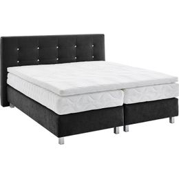 Boxspringbett, schwarz, B:215cm L:210cm, Bezug: Microvelours 100% Polyester;Polsterung: 100% Polyester, Westfalia Schlafkomfort, Komplettbetten, Boxspringbett, mit Kn&ouml;pfen in Kristalloptik, wahlweise mit Topper